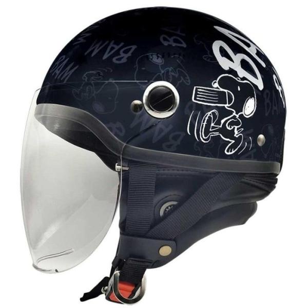 スヌーピーがデザインされたハーフヘルメット（シールド付き）です。