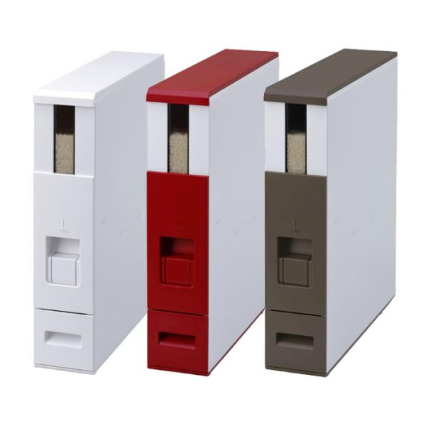 キッチンのわずかなスキ間にピッタリ収まるスリム米びつ、ライスエース スリム。カラーは、ホワイト（RCB-06SW/4905249317031）、レッド（RCB-06SR/4905249317048）、ブラウン（RCB-06ST/490524...