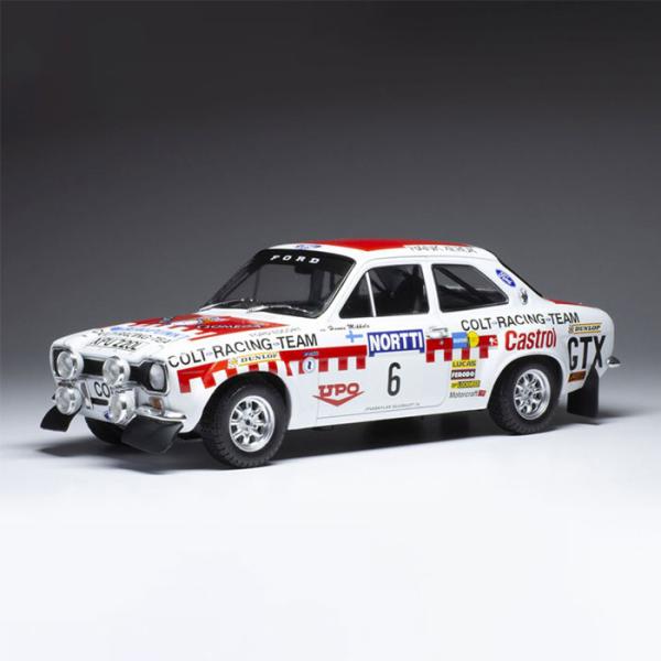 1/18スケールのミニカー。IXO 1/18 フォード エスコート MK I RS 1600 1974年1000湖ラリー #6 H.Mikkola/J.Davenport。