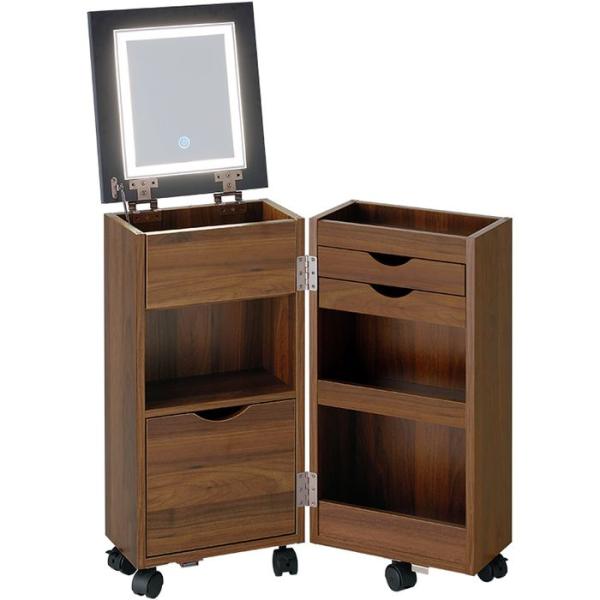 メイクの時だけサッと広げて、普段はコンパクトなサイズ感なのでリビングにも置きやすい大容量収納コスメワゴン。LEDの女優ライト付き。