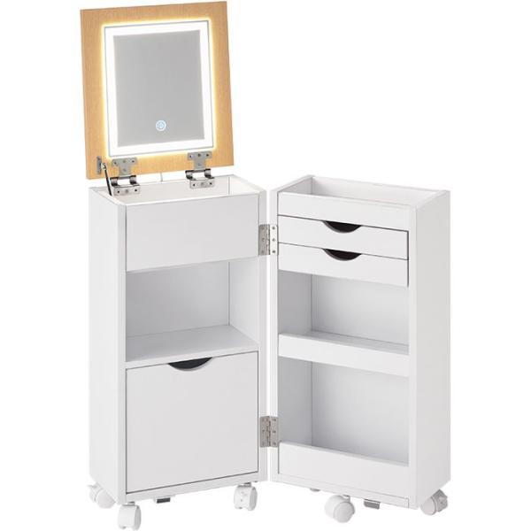 メイクの時だけサッと広げて、普段はコンパクトなサイズ感なのでリビングにも置きやすい大容量収納コスメワゴン。LEDの女優ライト付き。