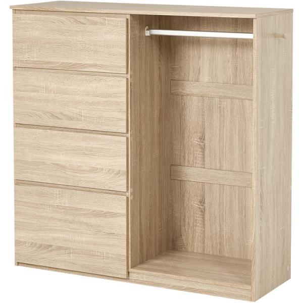 大きな引出しとハンガーポールが付いていて、これ1台で大量の服や小物をまとめて収納可能。フラットなお部屋になじむデザインです。