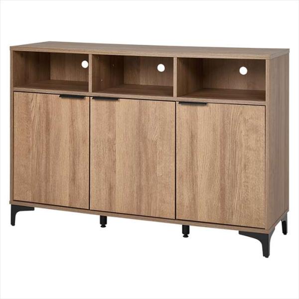 木目調の本体とアイアンの脚部のコンビがおしゃれなキャビネット。すぐに取りたいものを置けるオープン部と生活感をスッキリ隠せる扉収納が魅力的。