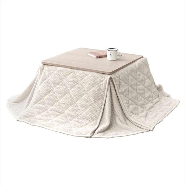 シンプルなデザインで天板リバーシブル、収納に便利な折れ脚コタツ。立体感のあるニット柄の省スペース掛け布団セット。