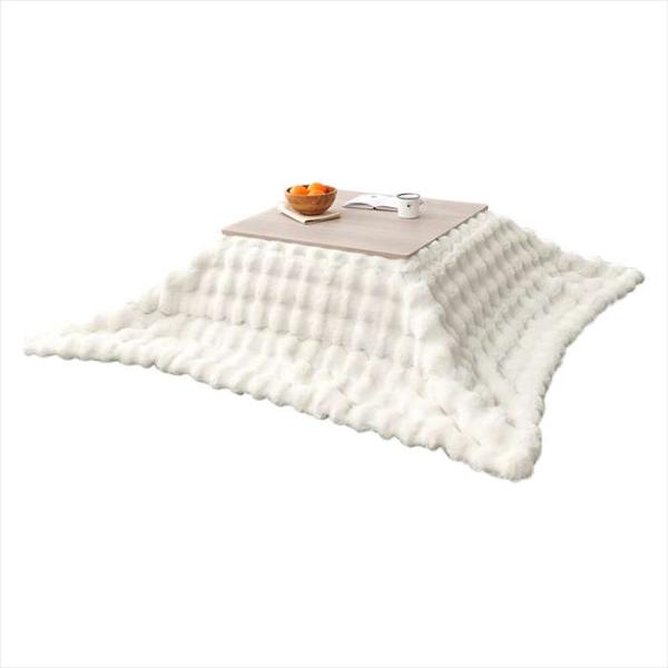 シンプルなデザインで天板リバーシブル、収納に便利な折れ脚コタツ。ラビットファーのような、ふわもこの掛け布団セット。