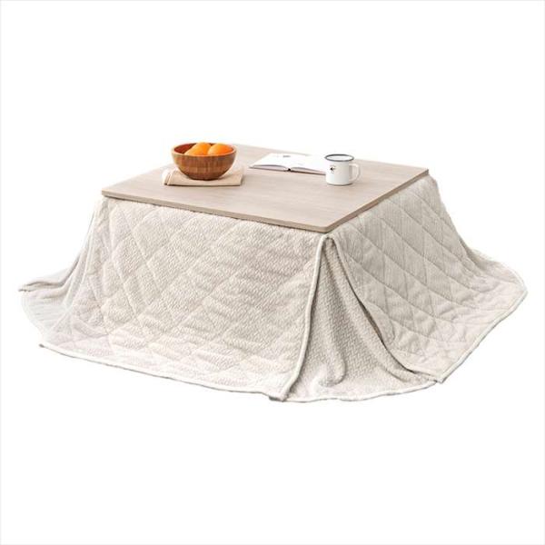 シンプルなデザインで天板リバーシブル、収納に便利な折れ脚コタツ。立体感のあるニット柄の省スペース掛け布団セット。