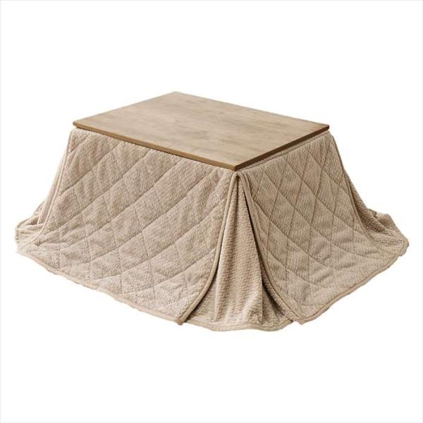 古木調の天板にスマートな脚、ビンテージデザインのコンパクトこたつ。立体感のあるニット柄の省スペース掛け布団セット。