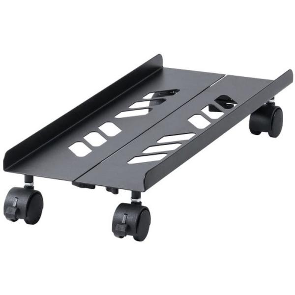 幅を自由に調整できるキャスター付きスチール製CPUスタンド。移動もスムーズで、大型PCにも対応。