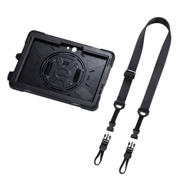 360度回転するハンドル、スタンド付きの耐衝撃ケースです。スタンドは横置き、縦置きの両方に対応しています。耐衝撃素材で、Surface Go2を外部からの衝撃から守ります。着脱可能なショルダーベルト付きです。タッチペンを取り付けできるホルダ...