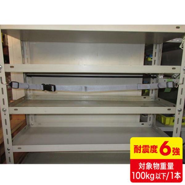オープン棚に収められた書類、ケースなどの収納物の落下を防止するベルトです。オープン棚の支柱穴にフックを引っ掛けて固定するだけの簡易設置です。ベルトは着脱バックル付きなので収納物の出し入れが容易です。収納物に合わせて任意の高さに設置して使う事...