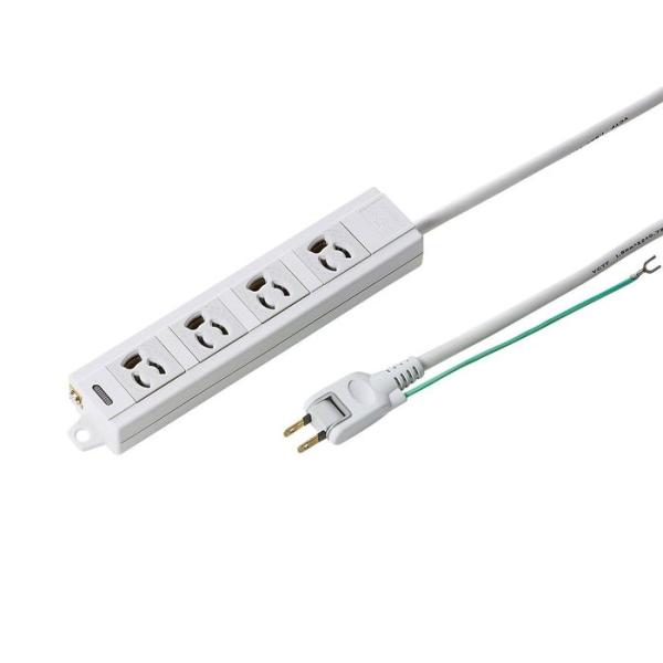 3P抜け止めの4個口タップです。通電状態が確認できる通電ランプ付きです。裏面にマグネットが付いているので、スチール製デスクなどに仮固定することができます。アース接続できるアース端子付きです。2Pアースコード付きスイングプラグ仕様で、狭い所で...