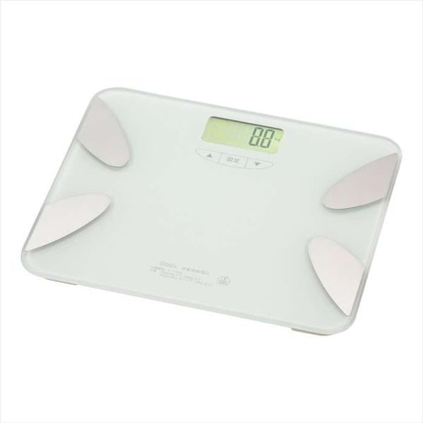 バックライト付き液晶表示。最大10人まで登録可能。2kg以内の体重差なら登録者を自動判別。強化ガラス採用。体重、体脂肪率、体水分率、骨格筋率、骨量、内臓脂肪レベル、基礎代謝、BMI値が測れる。日々の健康管理に。「品番」：08-1621。