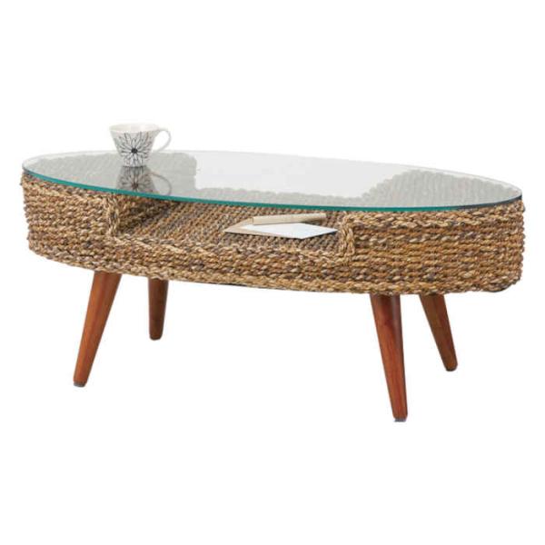 テーブル ローテーブル ソファテーブル ガラステーブル ガラス天板 アバカ ナチュラル アジアンインテリア アジアンテイスト 家具 組立式 クラール ガラス天板と天然素材のアバカを使用したオーバルテーブル。ナチュラルインテリアやアジアンイン...