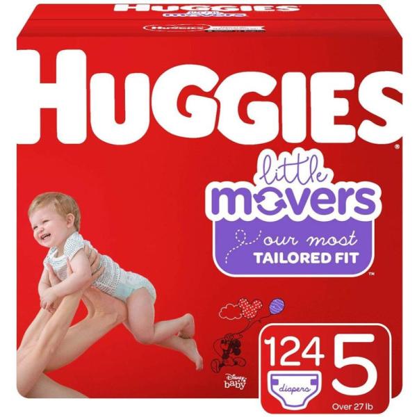 ハギーズ ベビーおむつ Huggies サイズ5 12kg テープタイプ 124枚入 リトルムーバーサイズ　22.8×46.9×33.2cm27+ lb.（12+ kg）以上の赤ちゃんがお使いいただけます。ウエストバンドとダブルグリップスト...