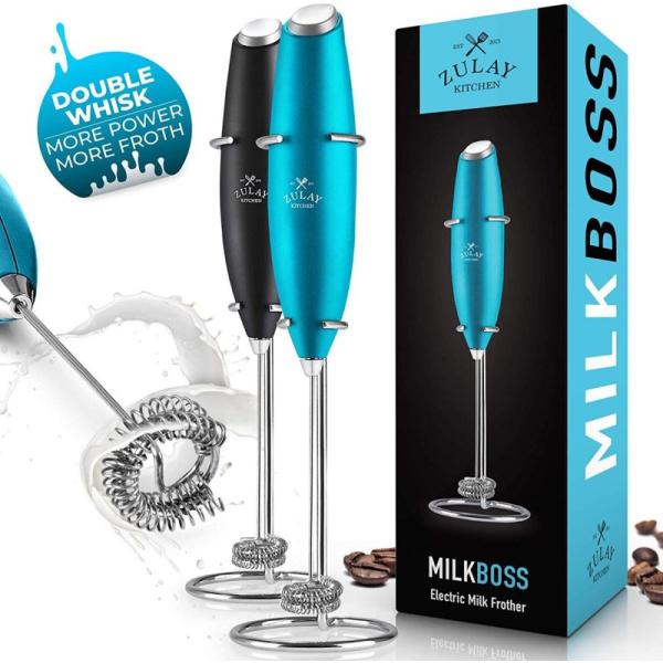 Zulay ミルクフォーマー Milk Boss 電動 自動 ミルク泡立て器 ハンディミニブレンダーデュアルスプリングスパイラルウィスクとなめらかなスタンドには、18/10食品安全ステンレス鋼のみを使用しています。毎秒200回以上で静かに回...