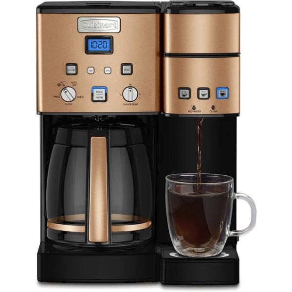 クイジナート Cuisinartシングルと12カップのコーヒーメーカーです。約177.4ml、236.5ml、295.7mlのいずれかを選択できます。最大12杯のデカンタを淹れるか、1杯分のコーヒーを淹れる事ができます。セルフクリーン、温度...