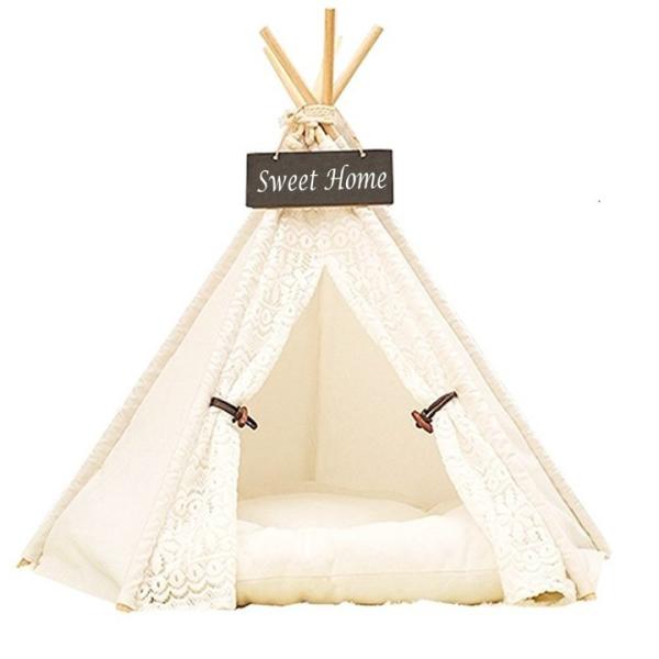 アメリカ発 Pet Teepee Dog &amp; Cat Bed DEWEL Portable Washable Dog Tent Lace Style Pet Sweet House for Dog Cat Pet (Without ...