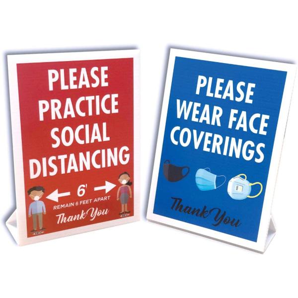 マスク着用＆ソーシャルディスタンシング（身体的距離の確保のお願い） カウンター用 サイン コンボパック 30x22x7.6cm レッド＆ブルー XL PRINTING・マスク着用のお願いとソーシャルディスタンシング（身体的距離の確保のお願い...