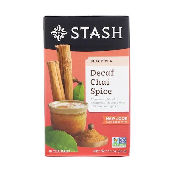 カフェインが入っていない紅茶（ティーバッグ）です。シナモン、ジンジャー、オールスパイス、クローブ、カルダモンが入ったコクのある味わいの紅茶です。商品：Stash スタッシュ ブラックティー ディカフェ
