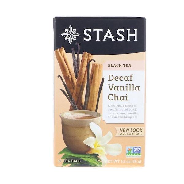 カフェインが入っていない紅茶（ティーバッグ）です。ディカフェのブラックティーに伝統的なチャイスパイスとバニラのブレンドをプラスした、豊かな味わいの贅沢なブレンドです。商品：Stash スタッシュ ブラックティー ディカフェ