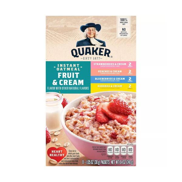 Quaker クエーカー インスタント オートミール フルーツ＆クリーム バラエティパック内容量：8袋（1袋30g）フレーバー：ストロベリー＆クリーム（2袋）、ピーチ＆クリーム（2袋）、ブルーベリー＆クリーム（2袋）、バナナ＆クリーム（2袋...