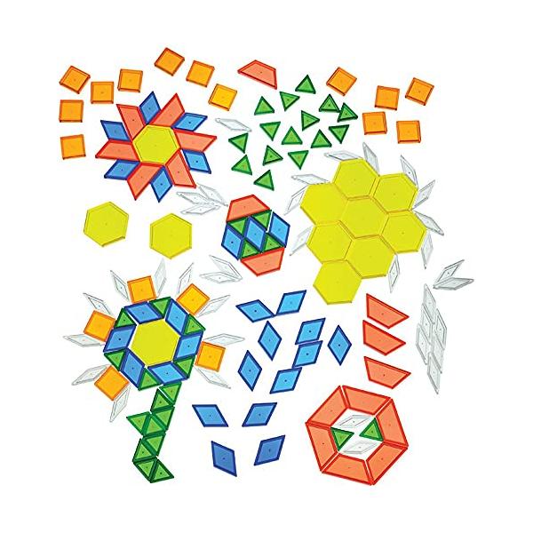 Constructive Playthings の半透明パターン ブロックのセットで創造性を刺激しましょう。このセットには、6 つの異なる色の 6 つの異なる形のパターン ブロックを含む 147 個のピースが含まれています。美しい作品をデザ...
