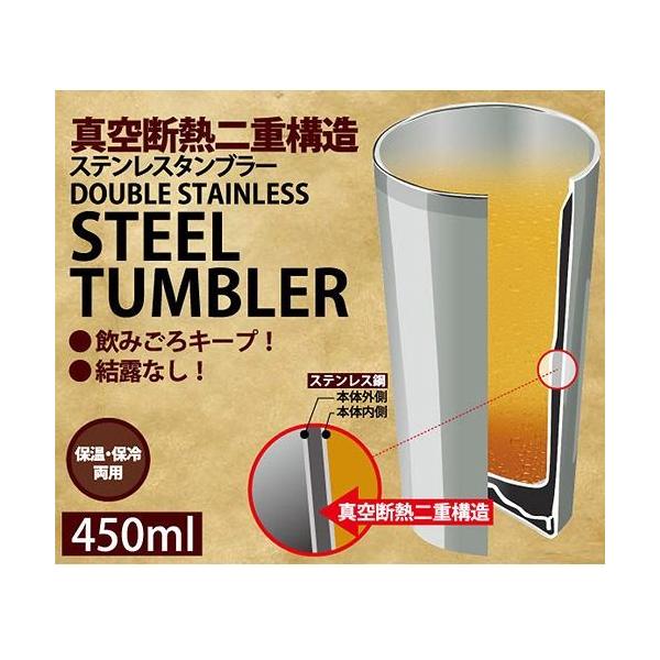 飲みごろキープ！温、冷どちらも使いやすい真空断熱タンブラーです。冷たいものを入れても結露せず、温かいものを入れても外側は熱くならないので、テーブルや家具が濡れたり熱くなったりしません。真空断熱二重構造です。【材質】ステンレス鋼【容量】450...