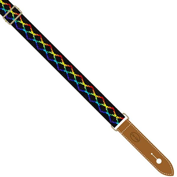 使い心地の良いアクリルストラップにレインボーのラインを刺繍しています。ネック取り付け用のナイロン製ストラップコードを付属し、エンドピンとネックに固定する2点式となっています。長さ：約70〜116.5cm(エンドピン穴間を計測)