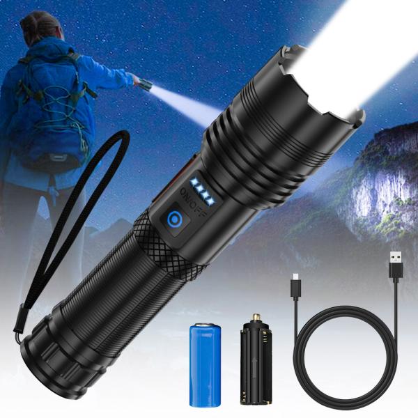 基本仕様▼商品名：懐中電灯色：ブラック特徴：伸縮式, ポータブル, 充電可能, 耐衝撃, ハイパワー電源：バッテリー式光源タイプ：LED材質：アルミニウムセット内容：・LED懐中電灯本体1台・26650充電電池(本体に装着済)１個・乾電池ポ...