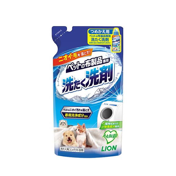 ペットの布製品専用　洗たく洗剤　つめかえ用ペットの布製品を洗うための洗たく用コンパクト洗剤。タオル、マット、毛布などのニオイから毛までスッキリ落とす。ペットのニオイ汚れを落とす専用洗浄成分配合。洗うたびに高まる離毛効果。すすぎ1回でOK。ド...
