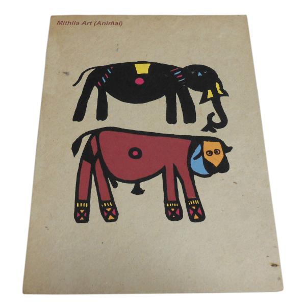 ネパール.ミティラー画のかわいいポストカード元々は壁画だったものを紙に描きアート作品とした紙物です。手すきの独特な風合いも素朴で味わい深い。■全体の大きさ縦:16.5cm 横:12cm重さ:4.6g表・宛名面は手すき紙ですのでクオリティーは...