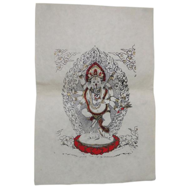 色付きのガネーシャの絵柄火焔光が力強い8手のガネーシャ手漉きロクタ紙に描かれています。金の色が美しく赤も特徴的赤は生命力の象徴であり、縁起の良い色とされています。ガネーシャ神は、象（ゾウ）の頭をした、現世利益をもたらす神とされ、幸運や学問の...