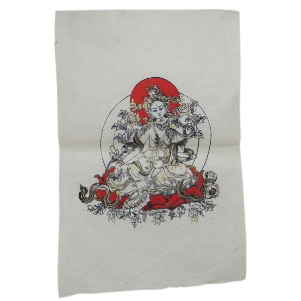 色付きのグリーンターラーの絵柄です。金の色が美しく赤も特徴的手漉きロクタ紙に描かれています。赤は生命力の象徴であり、縁起の良い色とされています。グリーンターラーは特に罪障消滅、現生のことについて御利益あるとされています。チベット仏教では、全...