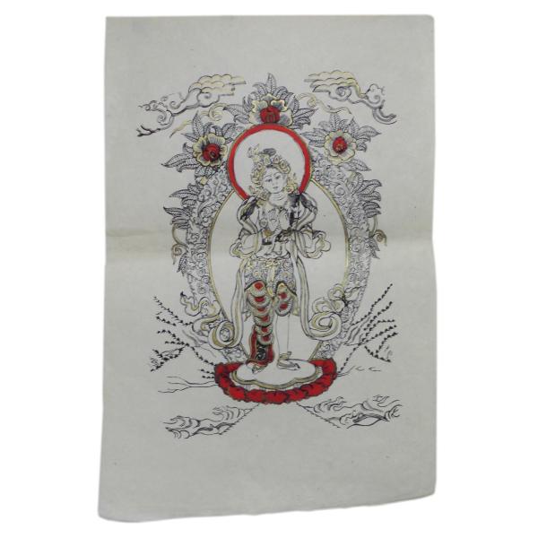 色付きの絵柄です。後光が美しいスタンディング・ターラー手漉きロクタ紙に描かれています。金の色が美しく赤も特徴的赤は生命力の象徴であり、縁起の良い色とされています。ガネーシャ神は、象（ゾウ）の頭をした、現世利益をもたらす神とされ、幸運や学問の...