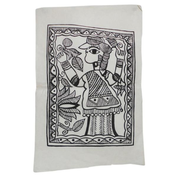 かわいいミティラー画のモノクロ絵柄家族の幸福や豊穣を祈る祭祀のために描かれてきた壁画を手漉きロクタ紙に描いたミティラー画です大人の塗り絵としてもおすすめ。インテリアとしてもおしゃれです。■全体の大きさ縦:約75cm 横:約50cm■ご注意点...