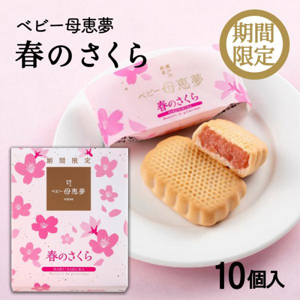 (株)母恵夢　ベビー母恵夢（ポエム）春のさくら　箱10個入えひめの大人気お土産です。桜もちをイメージした、期間限定春のさくら味。プレゼントに、お取り寄せにおすすめです。