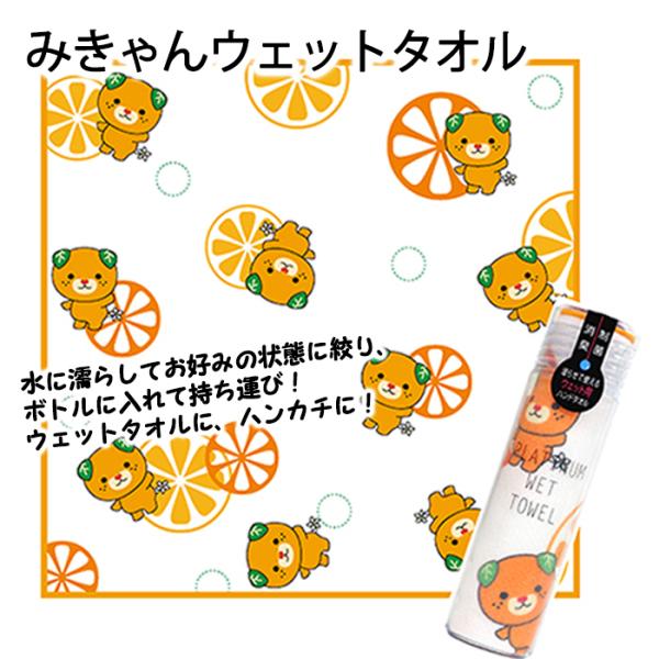 西染工(株)　みきゃんPLATINUM WET TOWEL愛媛のゆるキャラ、みきゃんのウェットタオル！外出時に手が洗えない時などに。専用の容器に入れてどこでも持ち運び可能！