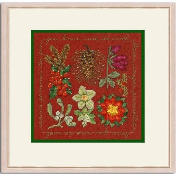 サイズ：約13×14cmキット内容：刺繍布、刺繍糸、針、図案、簡単な日本語説明書刺繍布： リネンイーブンウィーブ（ダークレッド）1cmに12目難易度：中級者向き クロスステッチ額はキットに含まれていません。
