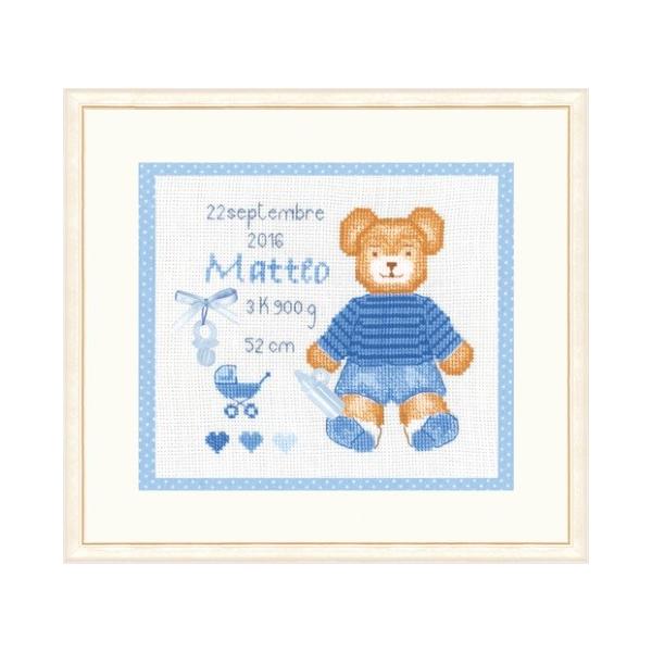サイズ：約10.5×10.5cmキット内容：刺繍布、DMC 刺繍糸、刺しゅう針、図案、リボン、チャーム（哺乳瓶、おしゃぶり）、簡単な日本語説明書刺繍布：コットンアイーダ　18カウント （1cmに7目）難易度：中級者向き クロスステッチ額はキ...