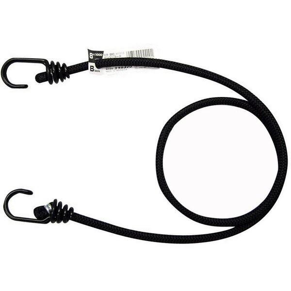 仕様品番：BC-81012色・柄：黒色製品サイズ：8mm×1000mm線径：8mm材質ゴム（内側）：天然ゴム材質被覆（外側）：ポリエステル材質金具：スチール伸長限度：全長の1.7倍以内質量：91g製造国：インドネシア●両端に引っ掛け金具付き...