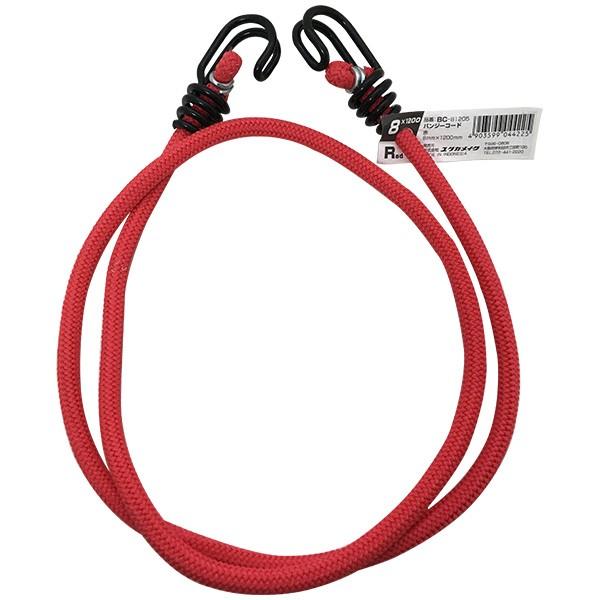 仕様品番：BC-81205色・柄：赤製品サイズ：8mm×1200mm線径：8mm材質ゴム（内側）：天然ゴム材質被覆（外側）：ポリエステル材質金具：スチール伸長限度：全長の1.7倍以内質量：100g製造国：インドネシア●両端に引っ掛け金具付き...