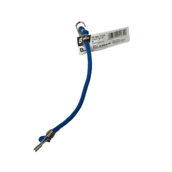 仕様品番：BC-5208色・柄：青製品サイズ：5mm×200mm線径：5mm材質ゴム（内側）：天然ゴム材質被覆（外側）：ポリエステル材質金具：スチール伸長限度：全長の1.7倍以内質量：13g製造国：インドネシア●両端に引っ掛け金具付き丸ゴム...