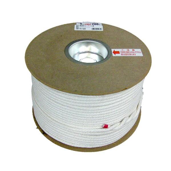 仕様品番：RCX-5200製品サイズ：5mm×200m素材：綿打方：金剛打ち引張強度：0.78kN・80kgf先端加工：テープ止め質量：2.74kg●細手から太手までドラムに巻き取ったタイプ●一般的な用途は細手（農園芸用・荷縛り・結束用）太...