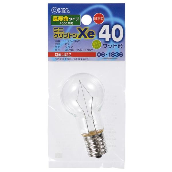 【 特 長 】日本製ミニクリプトン電球 40ワット形 クリア仕上げ約2倍長持ち（当社比）の省エネタイプ. 【 仕 様 】■ 定格：100V-36W ■ 形状：PS-35 ■ 仕上：クリア■ サイズ：直径…35mm、全高…67mm ■ 口金：E17
