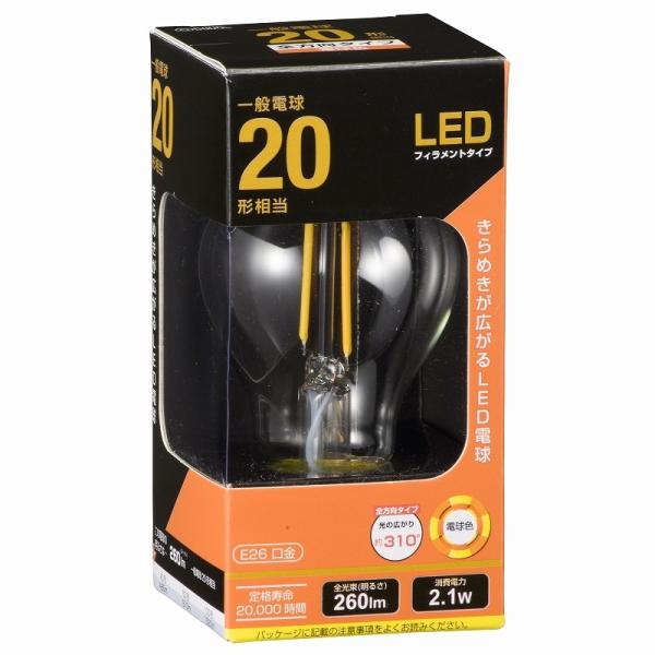 【 特 長 】● 消費電力2.1Wで20形相当の明るさ● フィラメントタイプLEDできらめきが広がるLED電球● 光の広がり約310°の全方向タイプ. 【 仕 様 】■ 寸法：全長…103mm　外径…60mm ■ 質量：37g ■ 定格消費...
