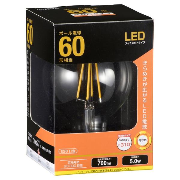 【 特 長 】● 消費電力5.0Wで60形相当の明るさ● フィラメントタイプできらめきが広がるLED電球● 光の広がり 約310°の全方向タイプ. 【 仕 様 】■ 寸法：全長…136mm 外径…95mm ■ 質量：64g ■ 定格消費電力...