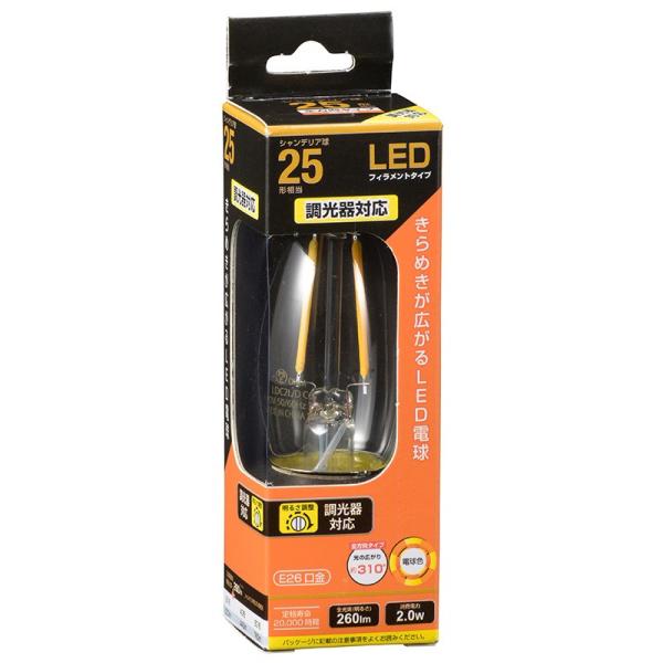 【 特 長 】● シャンデリア球25形相当● フィラメントタイプLED● きらめきが広がるLED電球● 調光器対応（明るさ調整）● 全方向タイプ● 光の広がり約310°● 全光束（明るさ）260ルーメン● 消費電力2.0W● 電球色● E2...