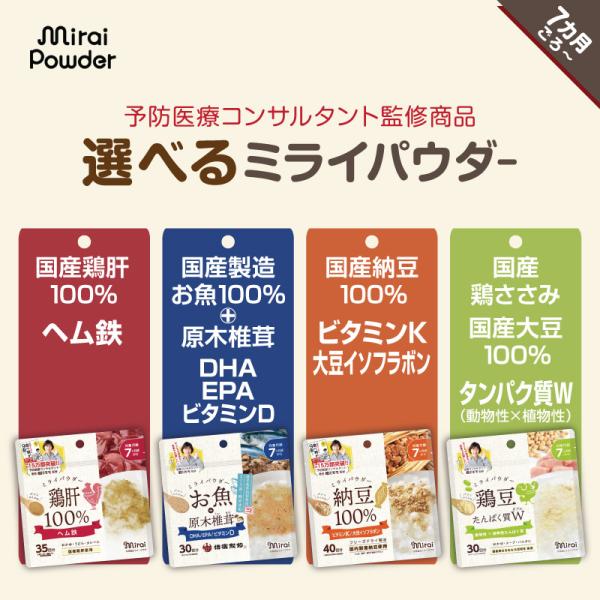 ★ネコポス送料無料★商品名●ミライパウダー内容量●鶏肝 35g●納豆 40g●お魚＋原木椎茸 60g●鶏豆 45g栄養成分表示(40g当り)【鶏肝】● エネルギー　172Kcal● たんぱく質　25g● 脂　　　質　7g● 食塩相当量　0....