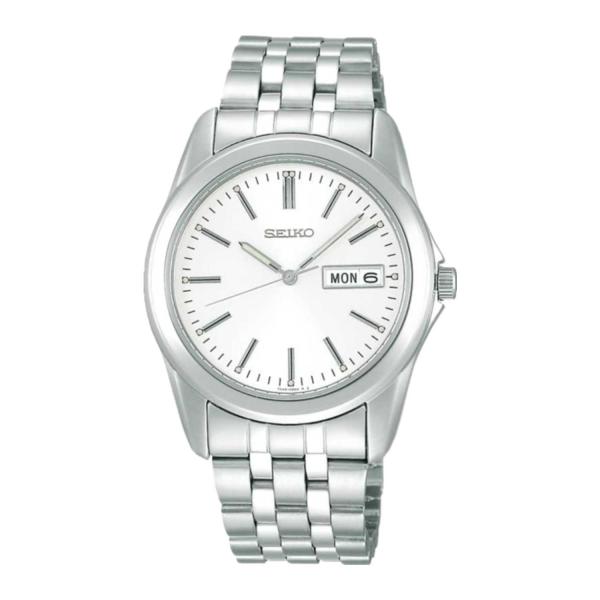 セイコーのスタンダードなクオーツウォッチ。白文字盤にバーインデックス。シンプルなデザインでデイリー使いにおすすめの腕時計です。カレンダーは日付・曜日表示タイプです。