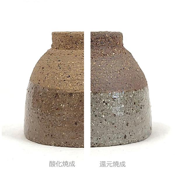 商品画像【左：還元焼成/右：酸化焼成】茶素地に黒雲母が混入されており、焼成すると御影調にでます。オリジナル創作で食器・花器・置物等に使用して下さい。  焼成温度目安・・1180〜1250℃